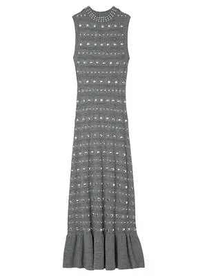 Sandro Studded Ruffled-hem Pointelle-knit Maxi Dress - Grey