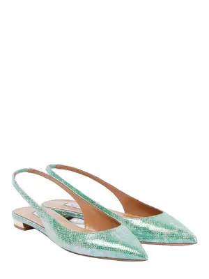 AQUAZZURA Purist Snake-effect Leather Slingback Flats - Green