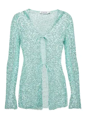 SELF-PORTRAIT Beaded Tie-front Cardigan - Blue