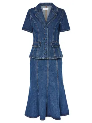 SELF-PORTRAIT Flared Denim Midi Dress - Blue