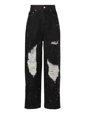 XU ZHI Embellished Distressed Wide-leg Jeans - Black