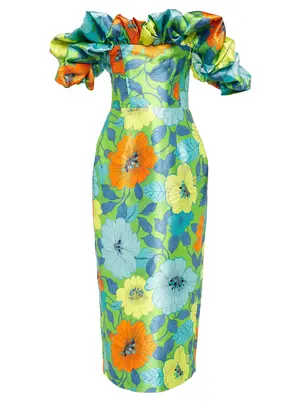 ALEMAIS Floral Ruffled Satin Midi Dress - Multicoloured