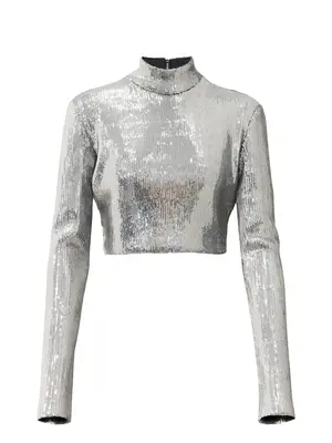 David Koma Sequined Mock Neck Crop Top - Silver