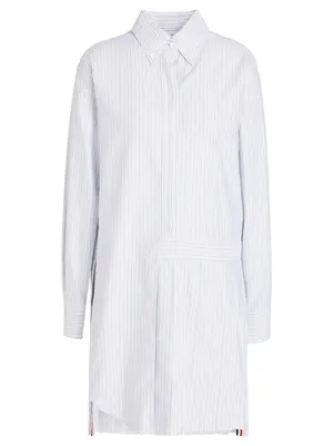 Thom Browne Asymmetric Pleated Striped Mini Shirt Dress - Light Gray