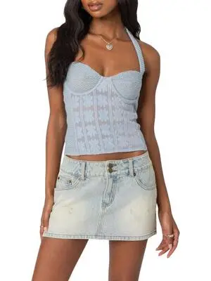EDIKTED Mixed Lace Halter Top - Blue
