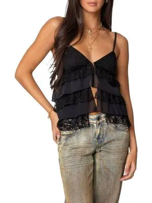 EDIKTED Lacy Split Front Ruffle Camisole - Black