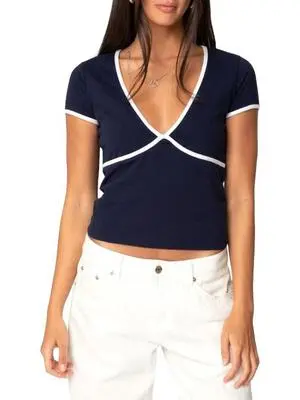 EDIKTED Alicia Contrast Trim V-neck Top - Navy