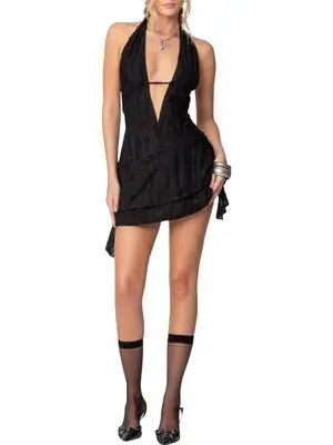 EDIKTED Shredded Open Back Plunge Minidress - Black
