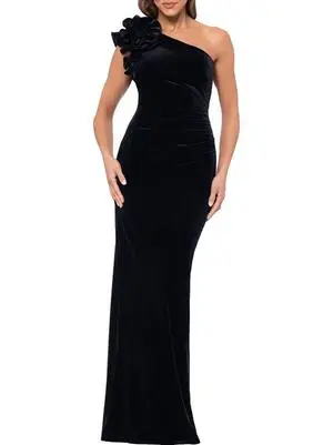 XSCAPE EVENINGS One-shoulder Ruffle Velvet Gown - Black