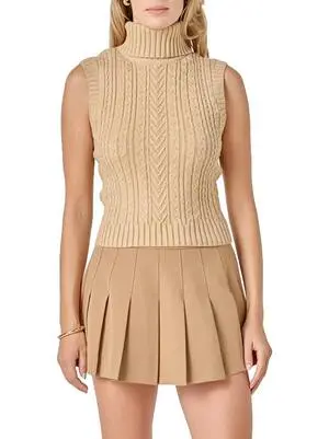 English Factory Cable Stitch Sleeveless Turtleneck Sweater - Beige