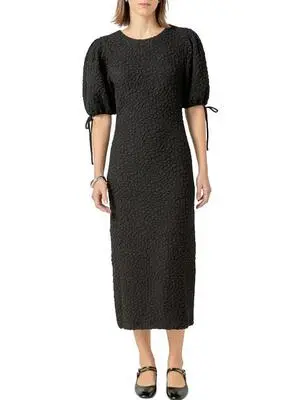 English Factory Textured Puff Sleeve Midi Dress - Black