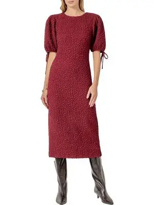 English Factory Textured Puff Sleeve Midi Dress - Burgundy