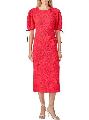 English Factory Textured Puff Sleeve Midi Dress - Red