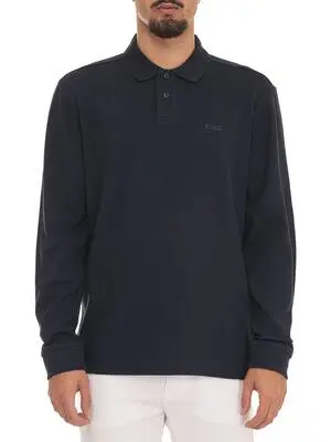 BOSS Long-sleeved Piqué Cotton Polo With Embroidered Logo - Blue