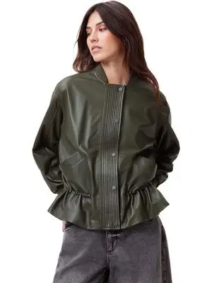 ALLSAINTS Sofi Drawstring Leather Bomber Jacket Military Green