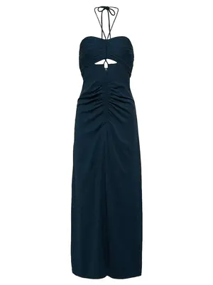 SELF-PORTRAIT Cutout Ruched Halterneck Maxi Dress - Blue