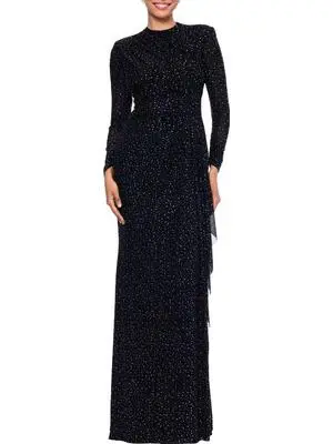 BETSY & ADAM Betsy & Adam Rhinestone Long Sleeve Stretch Gown