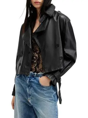 ALLSAINTS Hendry Leather Crop Trench Coat - Black