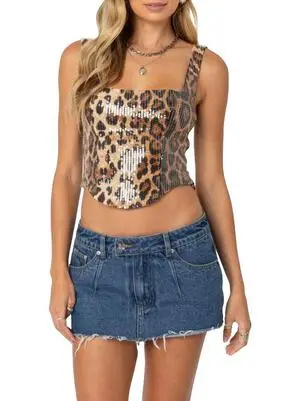 EDIKTED Sequin Animal Print Corset Top - Leopard
