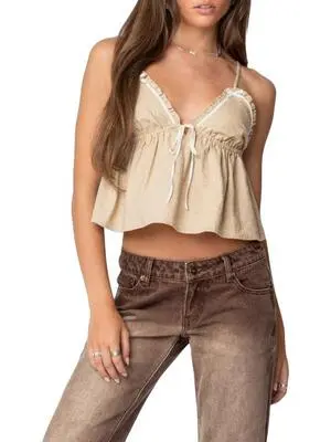 EDIKTED Claire Linen & Cotton Babydoll Top - Beige