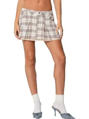 EDIKTED Roni Plaid Pleated Cotton Miniskirt - Beige