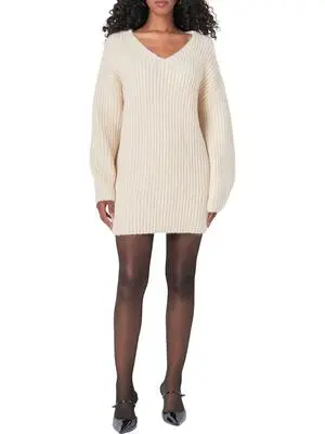 Endless Rose Oversized Long Sleeve Ribbed Sweater Mini Dress - Cream