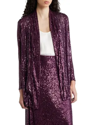 Anne Klein Sequin Open Front Cardigan - Deep Plum