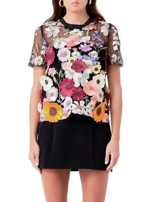 Endless Rose Floral Embroidered Organza Top - Black