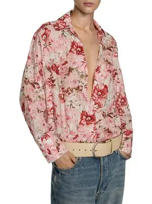 Mango MANGO Floral Cotton Button-Up Shirt Light Pink