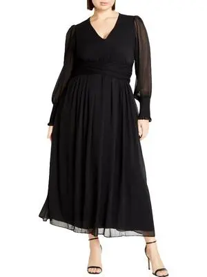 City Chic Selena Long Sleeve Chiffon Maxi Dress - Black