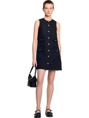Sandro Mini Tweed Shift Dress - Black