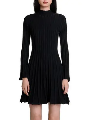 Maje Raffie Ribbed Flared Dress - Black