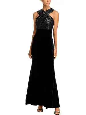 Eliza J Sequined Velvet Mermaid Gown - Black