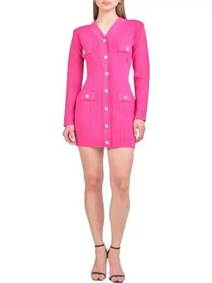 Endless Rose Padded Shoulder Ribbed Sweater Minidress - Fuchsia