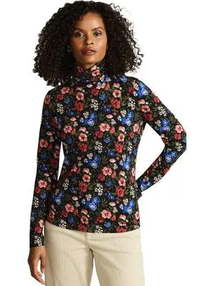 LANDS' END Lightweight Jersey Skimming Long Sleeve Turtleneck - Black Multi Floral