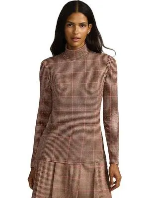 LANDS' END Lightweight Jersey Skimming Long Sleeve Turtleneck - Champagne/brown Plaid