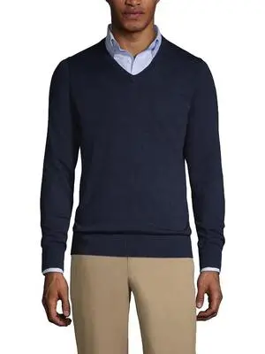 LANDS' END Cotton Modal Fine Gauge V-neck Sweater - Classic Navy