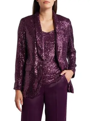 Anne Klein Shawl Collar Sequin Blazer - Deep Plum