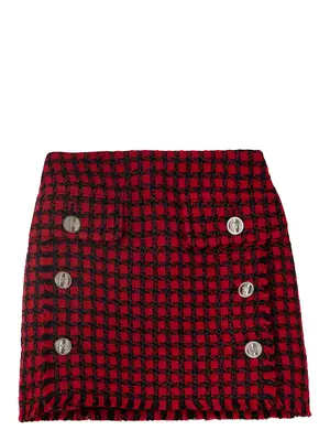 Versace Button-embellished Frayed Checked Tweed Mini Skirt - Red