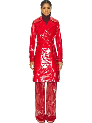 PRISCAVERA Patent Leather Trench Coat - Scarlet