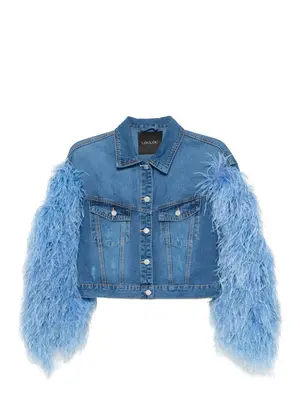 LOULOU Feather-trimmed Denim Jacket - Blue