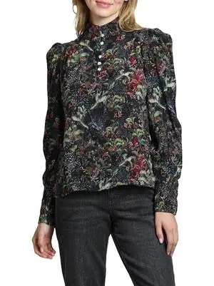 APNY Puff Sleeve Button Front Top - Black/green Multi