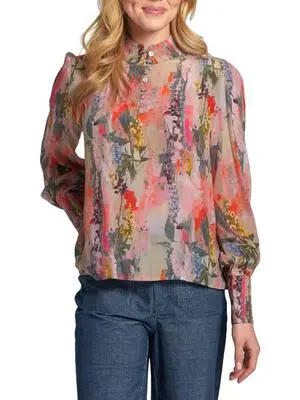 APNY Puff Sleeve Button Front Top - Pink Multi