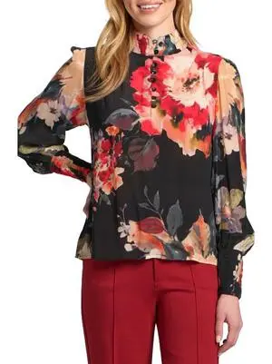 APNY Puff Sleeve Button Front Top - Red Multi