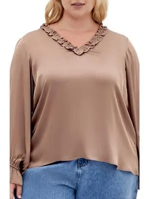 City Chic Maia Ruffle Fluted Sleeve Satin Top - Almond
