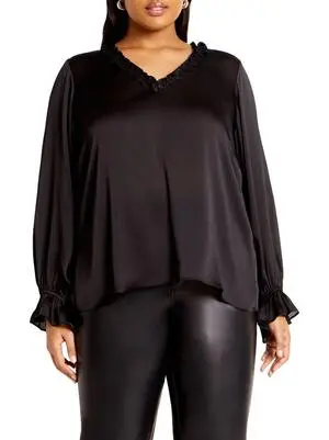 City Chic City Chic Maia Ruffle Fluted Sleeve Satin Top Black