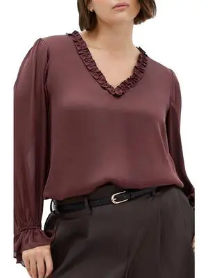 City Chic Maia Ruffle Fluted Sleeve Satin Top - Spiced Plum