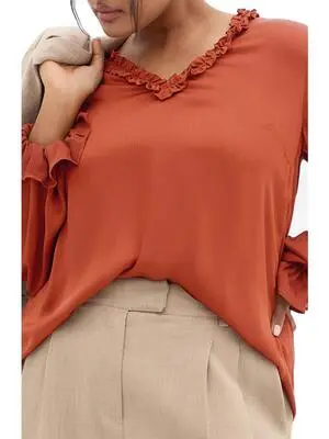 City Chic Maia Ruffle Fluted Sleeve Satin Top - Toffee