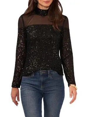 Vince Camuto Sequin Mock Neck Top - Rich Black