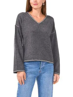 Vince Camuto Contrast Detail V-neck Sweater - Med Hthrgrey